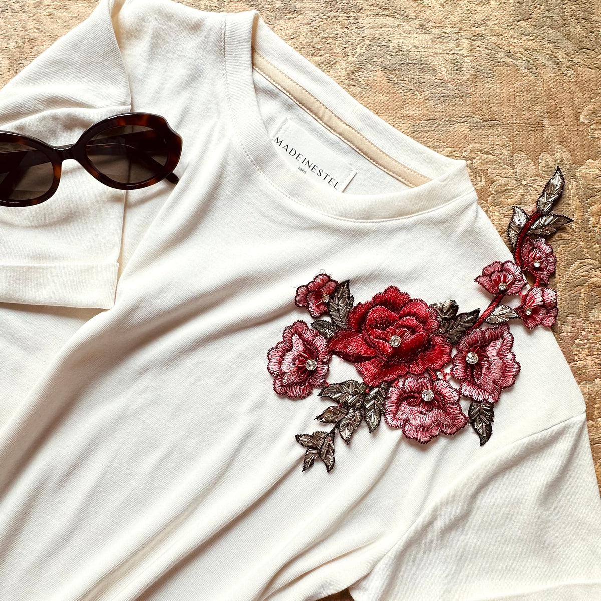 Patch broderie à coudre ou à thermocoller 8 roses perles et strass ...